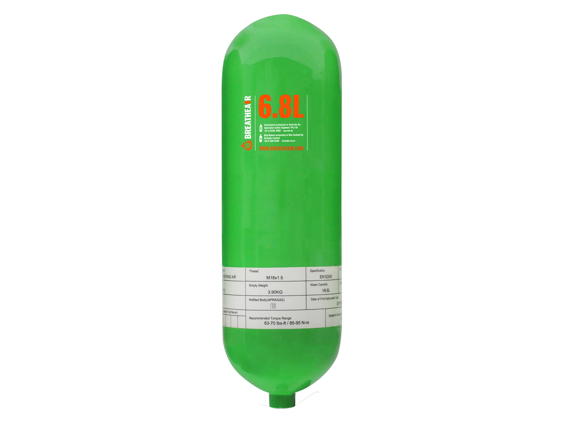 BreatheAir 6.8L Composite SCBA 300 Bar cylinder Green Crossflow Valve ...