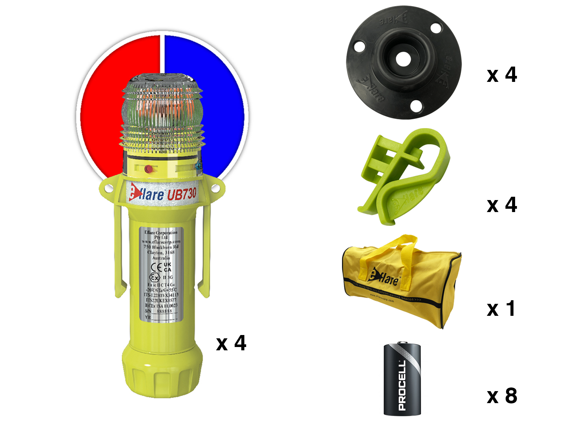 EFLARE EMS Kit - 4 x EFAT730RB 4 x Bases 4 x Cone Clips 1 x M Bag Hazmat Atex - Emergency ...
